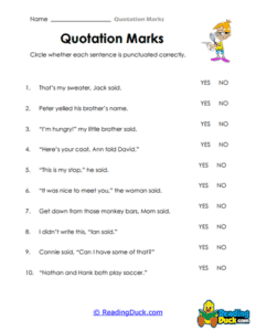 Quotation Mark Worksheets | Reading Duck.com
