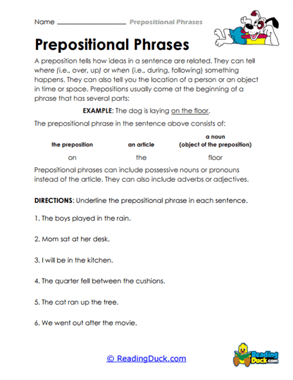 Prepositional Phrases Worksheets | Grammar Skills | Reading Duck.com
