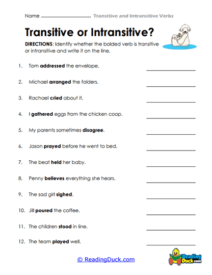 Transitive and Intransitive Verb Worksheets | Reading Duck.com