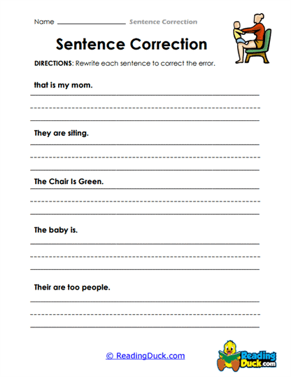 Sentence Correction Worksheets | Writing Series | Reading Duck.com