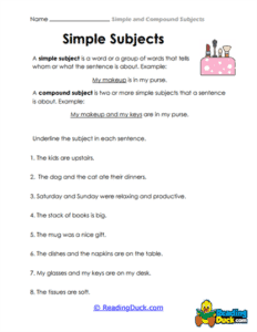 Simple and Compound Subjects Worksheets | Reading Duck.com