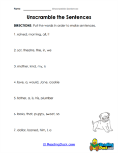 Unscramble Sentences Worksheets | Writing Series | Reading Duck.com