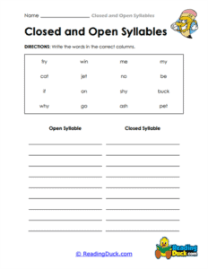 Closed and Open Syllables Worksheets | Reading Duck.com