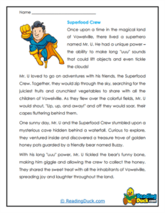 Long U Reading Passages Worksheets | Reading Duck.com