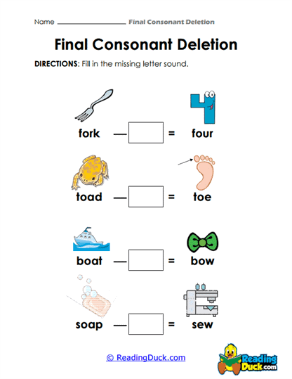 Final Consonant Deletion Worksheets | Reading Duck.com