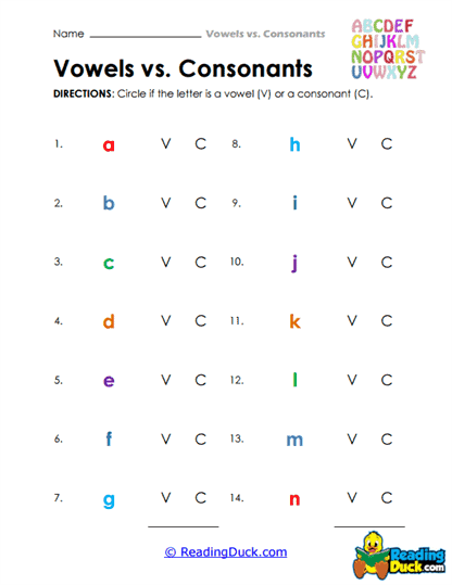 Vowels vs. Consonants Worksheets | Phonics Skills | Reading Duck.com