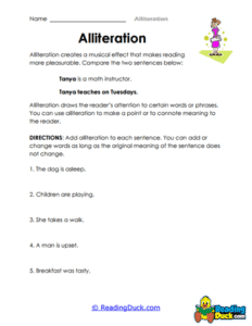 Alliteration Worksheets | Reading Duck.com