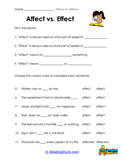 Affect vs Effect Worksheets | Grammar Skills | Reading Duck.com