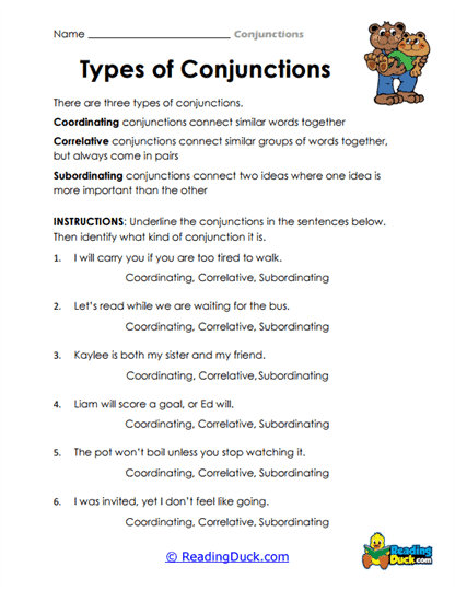 Conjunction Worksheets | Grammar Skills | Reading Duck.com