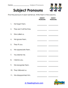 Subject Pronoun Worksheets | Grammar Skills | Reading Duck.com