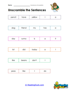 Sentence Scramble Worksheets | Writing Series | Reading Duck.com