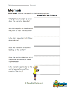 Memoir Worksheets | Literary Devices | Reading Duck.com