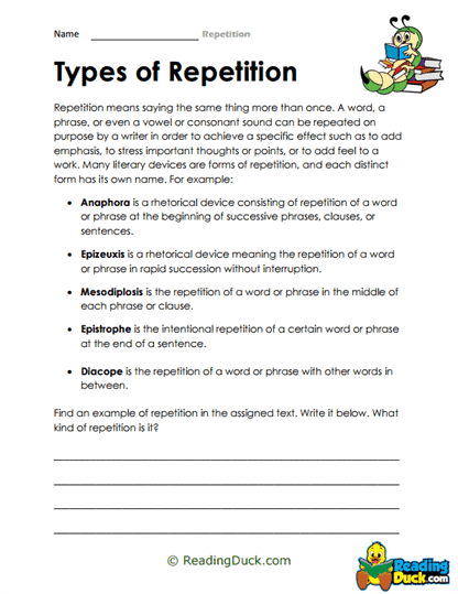 Repetition Worksheets | Literary Devices | Reading Duck.com