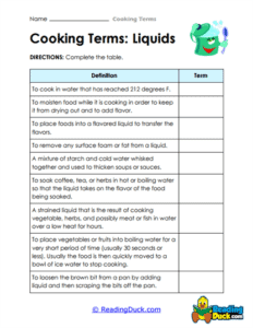 Cooking Terms Worksheets | Vocabulary | Reading Duck.com