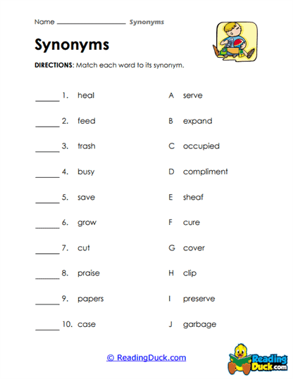 Synonym Worksheets | Language Arts Skills | Reading Duck.com