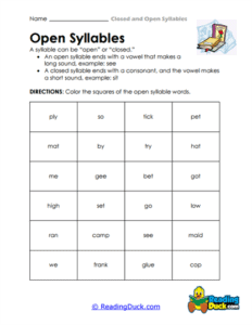 Closed and Open Syllables Worksheets | Reading Duck.com