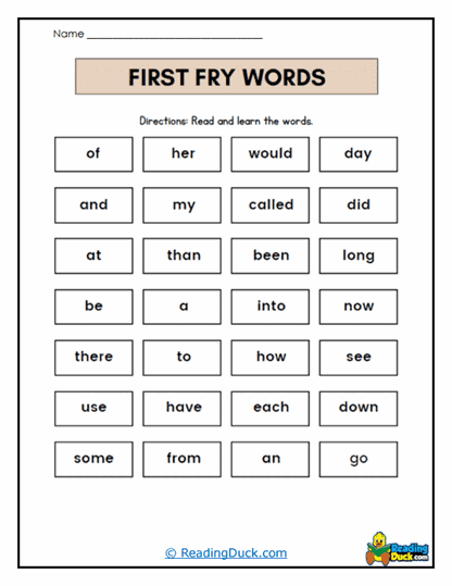 1st 100 Fry Sight Words Worksheets| Reading Duck.com