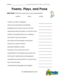 Comparing Poems, Plays, and Prose Worksheets | Reading Duck.com