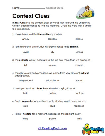 Context Clues Worksheets | Reading Skills | Reading Duck.com
