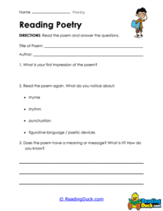 Poetry Skills Worksheets | Reading Skills | Reading Duck.com