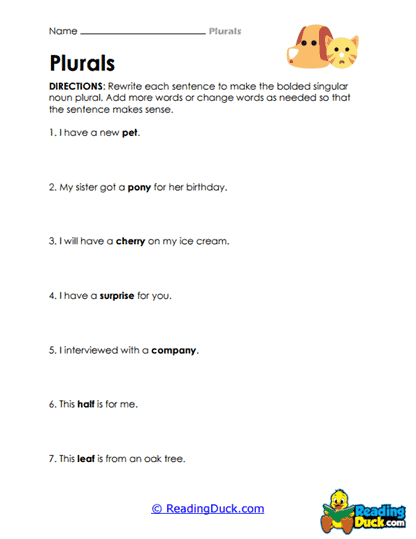 Plural Worksheets | Language Arts Skills | Reading Duck.com