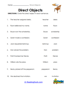 Direct Object Worksheets | Grammar Skills | Reading Duck.com