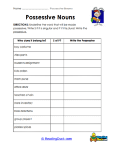 Possessive Noun Worksheets | Grammar Skills | Reading Duck.com