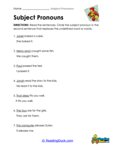 Subject Pronoun Worksheets | Grammar Skills | Reading Duck.com