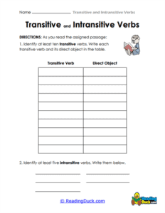 Transitive and Intransitive Verb Worksheets | Reading Duck.com