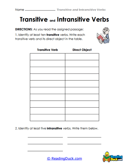 Transitive and Intransitive Verb Worksheets | Reading Duck.com