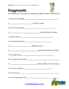 Sentence Fragment Worksheets | Writing Series | Reading Duck.com