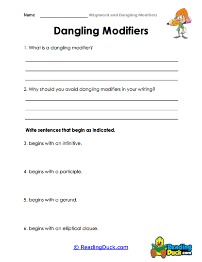Misplaced and Dangling Modifiers Worksheets | Reading Duck.com