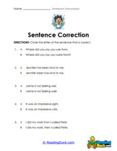 Sentence Correction Worksheets | Writing Series | Reading Duck.com