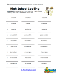 High School Spelling Worksheets | Reading Duck.com