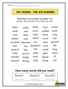 4th 100 Fry Sight Words Worksheets| Reading Duck.com