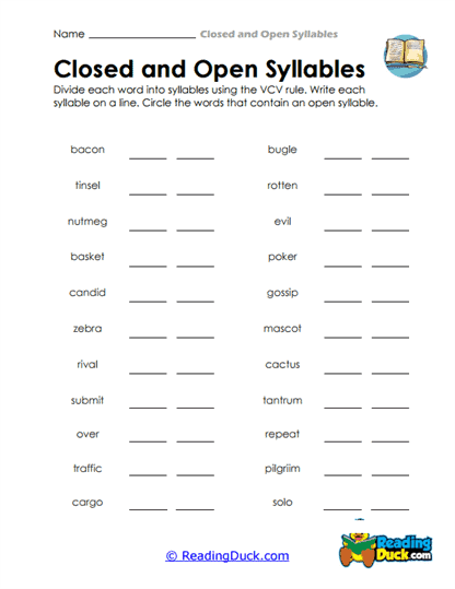 Closed and Open Syllables Worksheets | Reading Duck.com