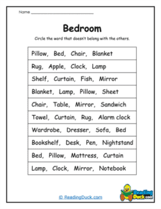 Bedroom Vocabulary Words Worksheets | Reading Duck.com
