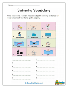 Swimming Vocabulary Word Worksheets | Reading Duck.com