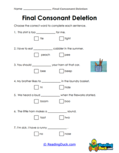 Final Consonant Deletion Worksheets | Reading Duck.com