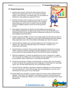 11th Grade Writing Prompt Worksheets | Reading Duck.com