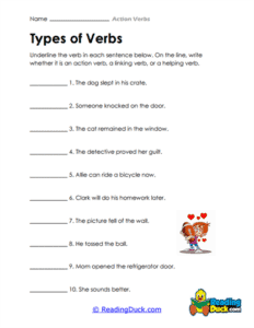 Action Verb Worksheets | Grammar Skills | Reading Duck.com