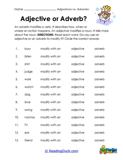 Adjectives vs Adverbs Worksheets | Grammar Skills | Reading Duck.com