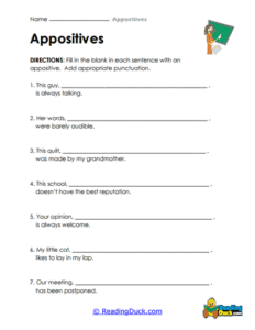 Appositives Worksheets | Grammar Skills | Reading Duck.com