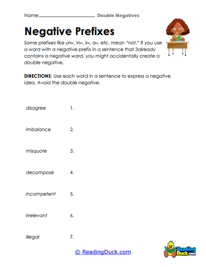 Double Negative Worksheets | Grammar Skills | Reading Duck.com