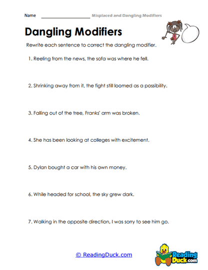 Misplaced and Dangling Modifiers Worksheets | Reading Duck.com