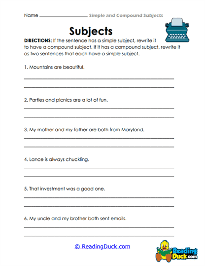 Simple and Compound Subjects Worksheets | Reading Duck.com
