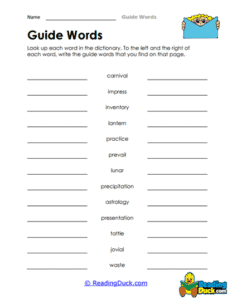 Guide Words Worksheets | Vocabulary | Reading Duck.com