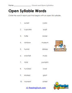 Closed and Open Syllables Worksheets | Reading Duck.com