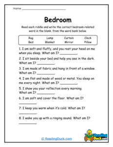 Bedroom Vocabulary Words Worksheets | Reading Duck.com