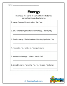 Energy Vocabulary Word Worksheets | Reading Duck.com